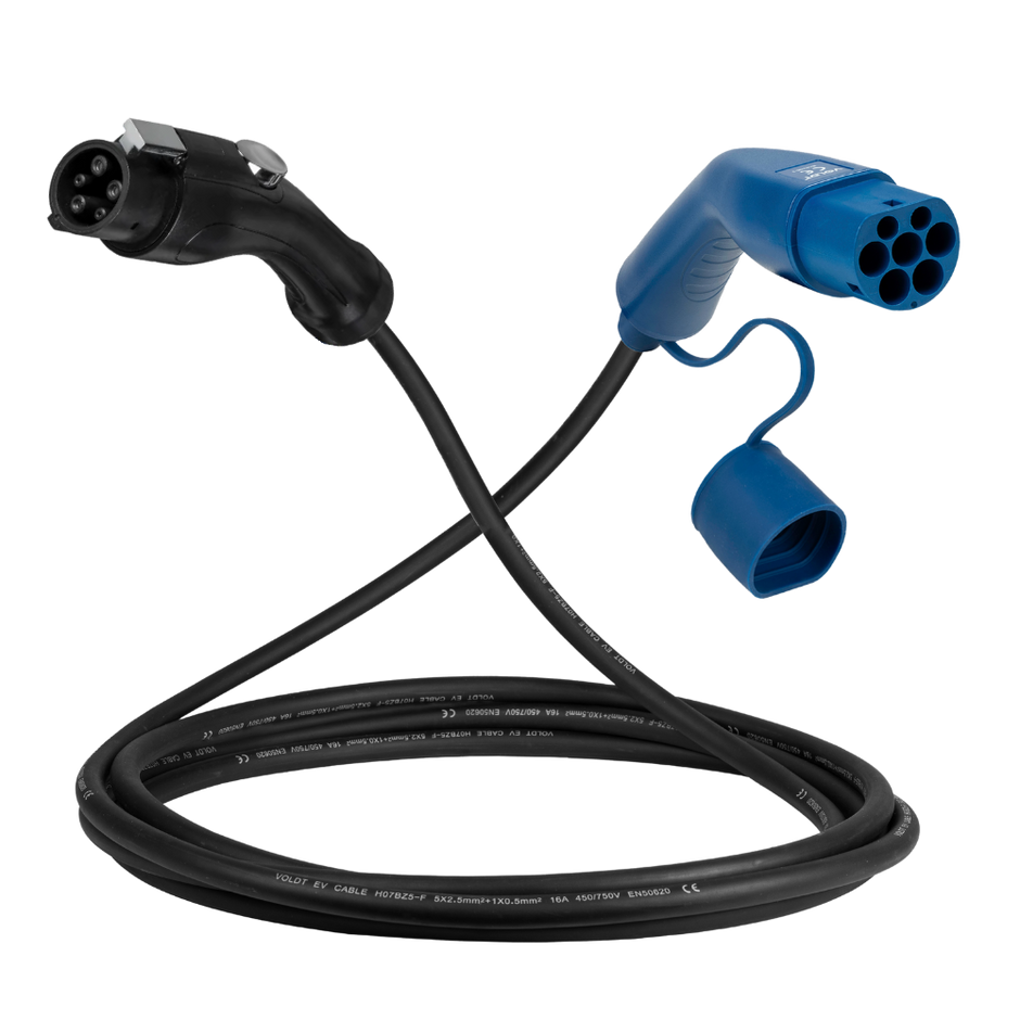 Typ 1 - typ 2 | 1 fas | 32a | 7,4 kW laddkabel